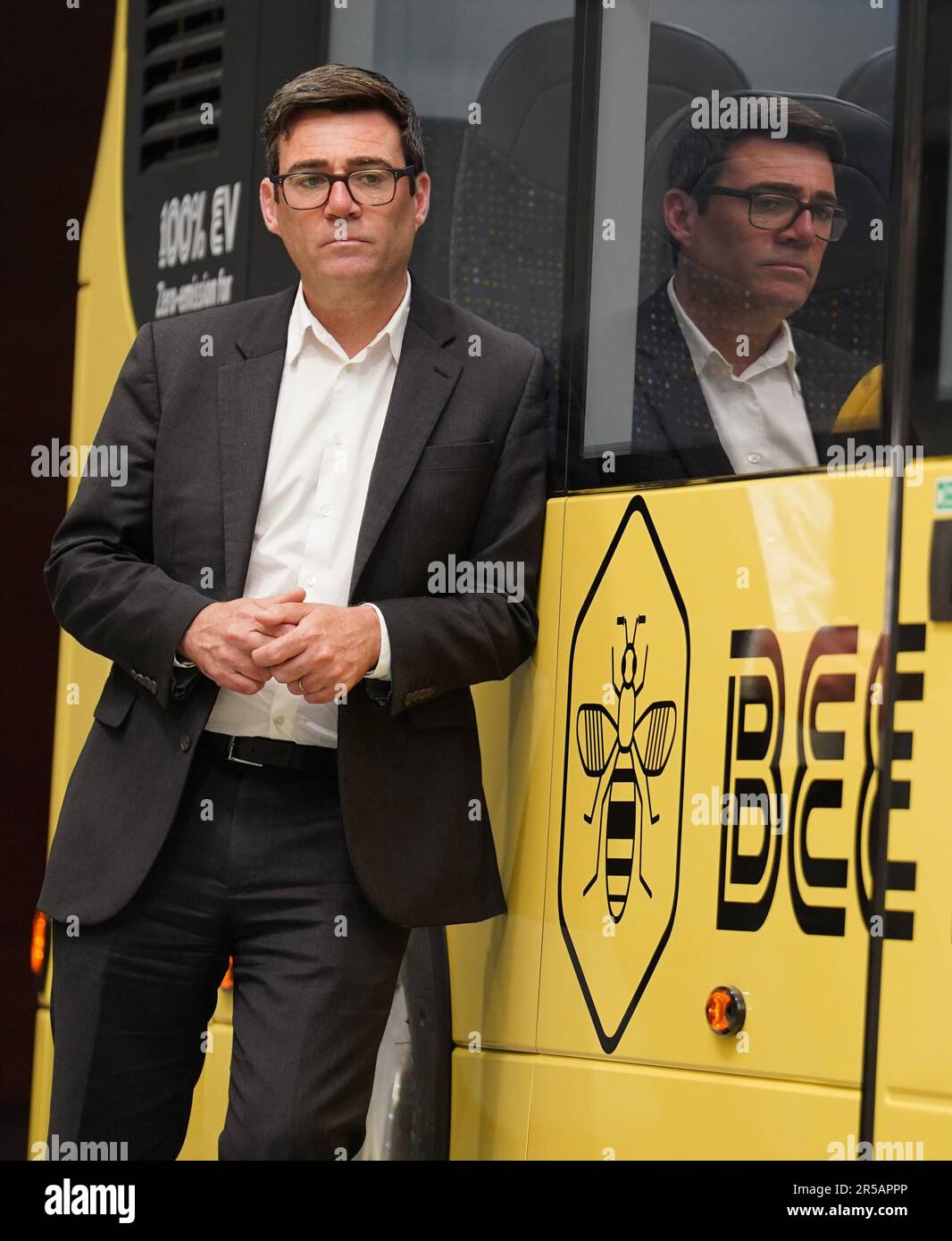 Greater Manchester mayor Andy Burnham views the 'Bee Network' buses at ...