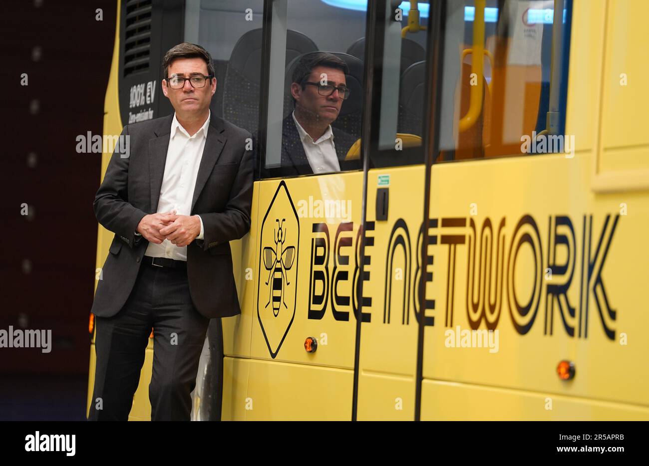 Greater Manchester mayor Andy Burnham views the 'Bee Network' buses at manufacturer Alexander ...