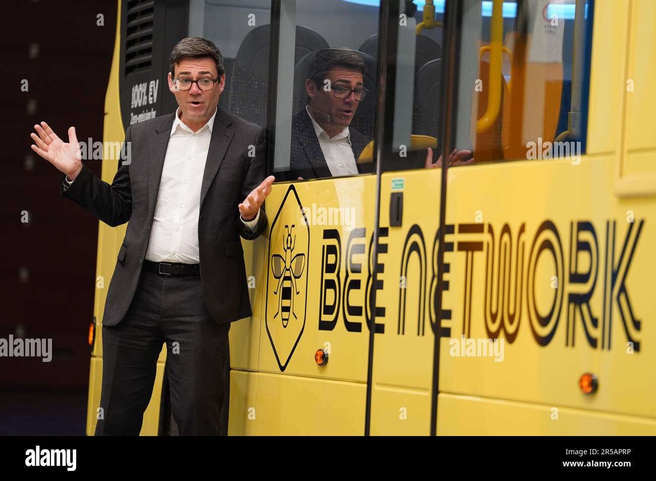 Greater Manchester mayor Andy Burnham views the 'Bee Network' buses at ...