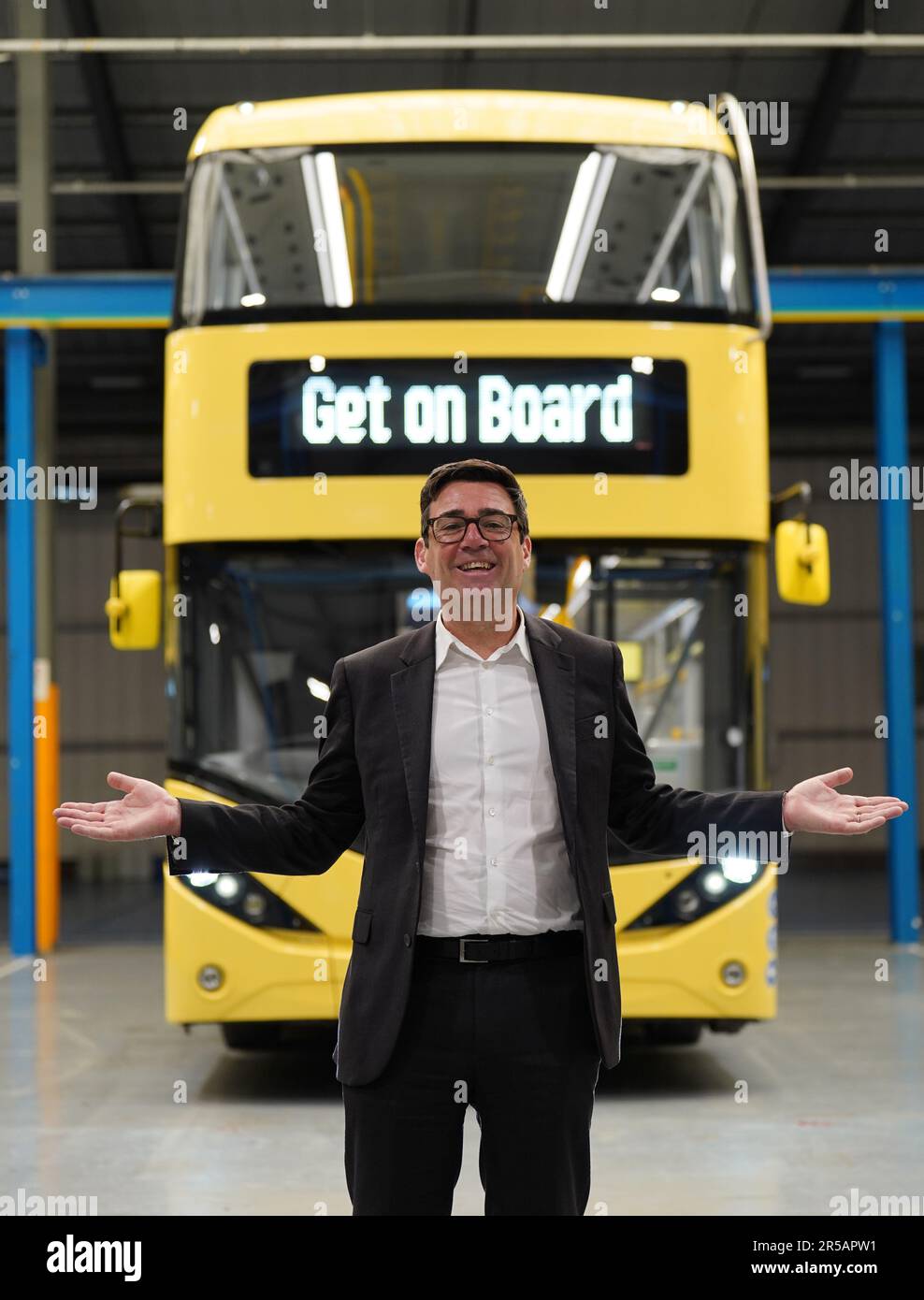 Greater Manchester mayor Andy Burnham views the 'Bee Network' buses at ...