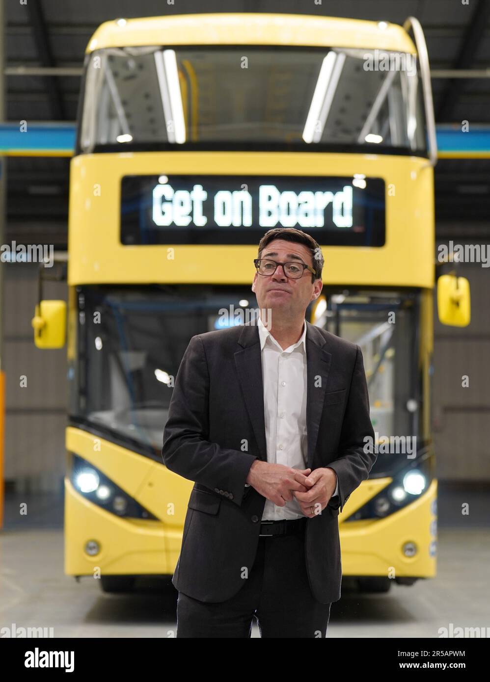Greater Manchester mayor Andy Burnham views the 'Bee Network' buses at ...