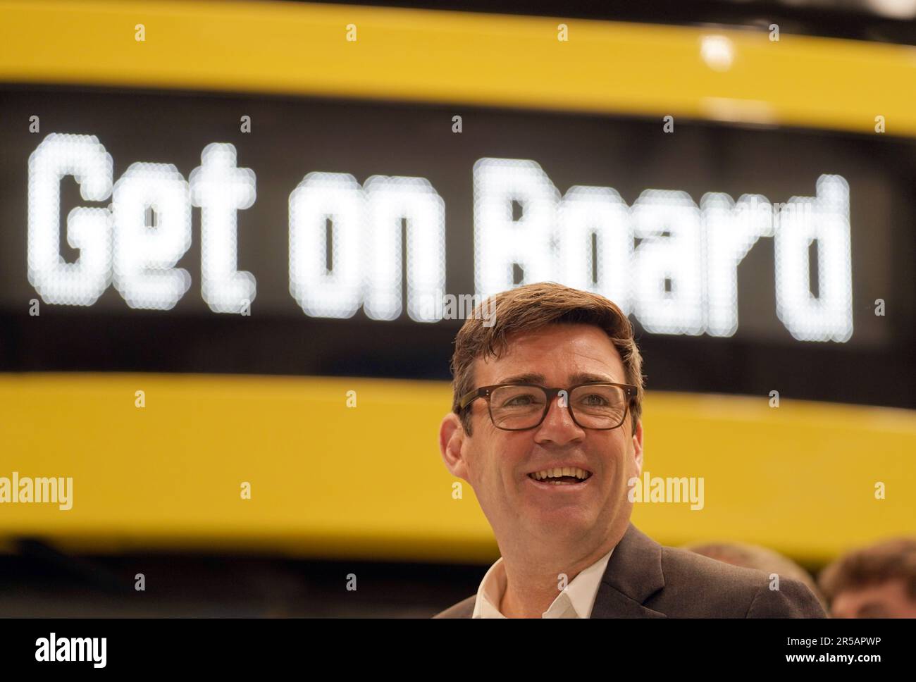 Greater Manchester mayor Andy Burnham views the 'Bee Network' buses at ...