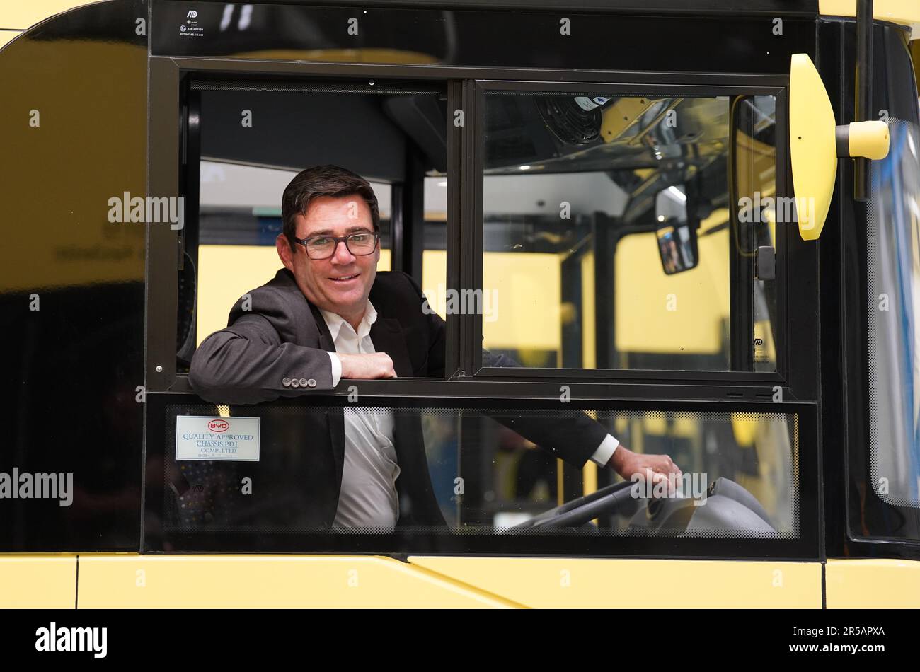 Greater Manchester mayor Andy Burnham views the 'Bee Network' buses at ...