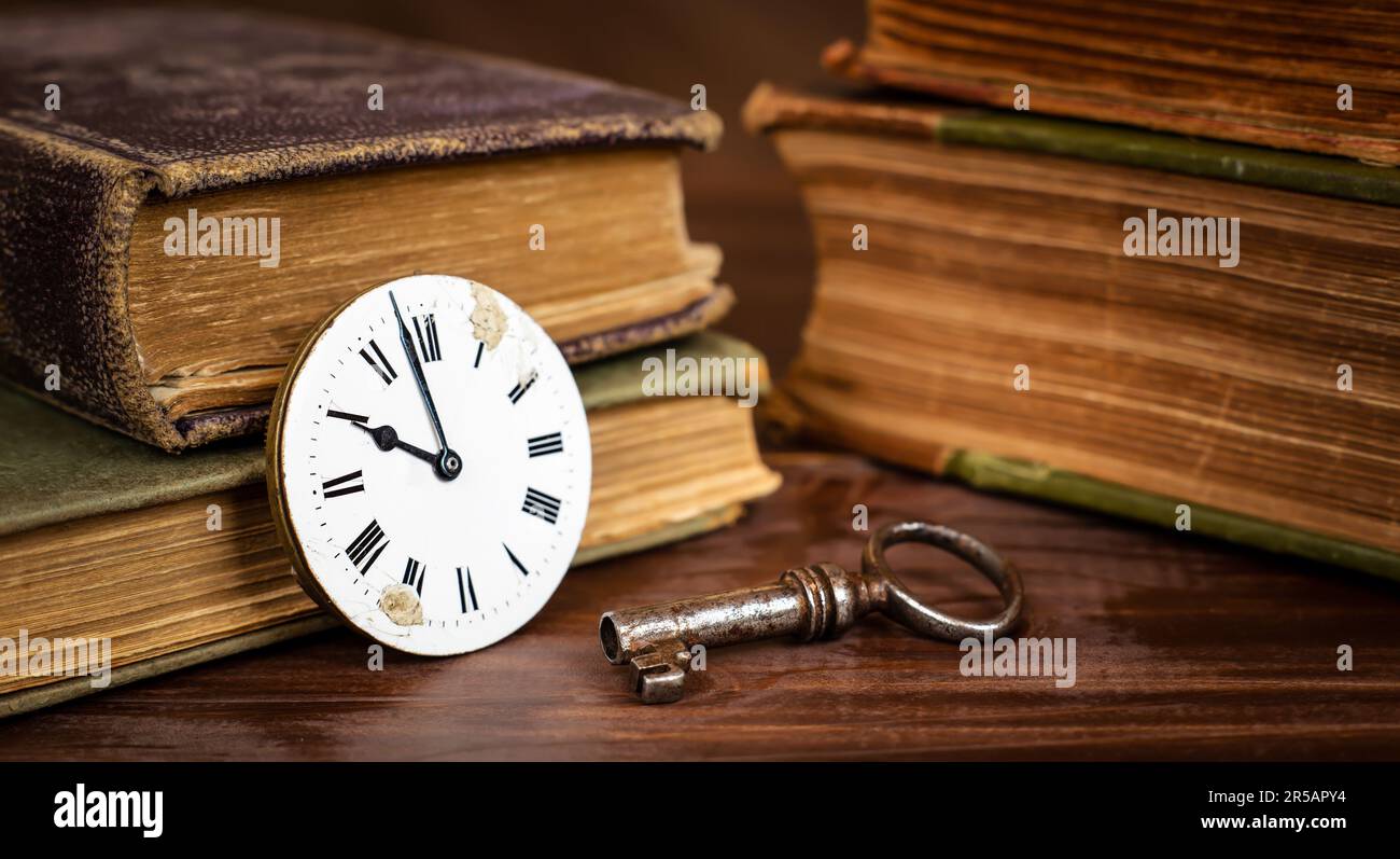 Old vintage watch and key with books, escape room game banner. Time ...
