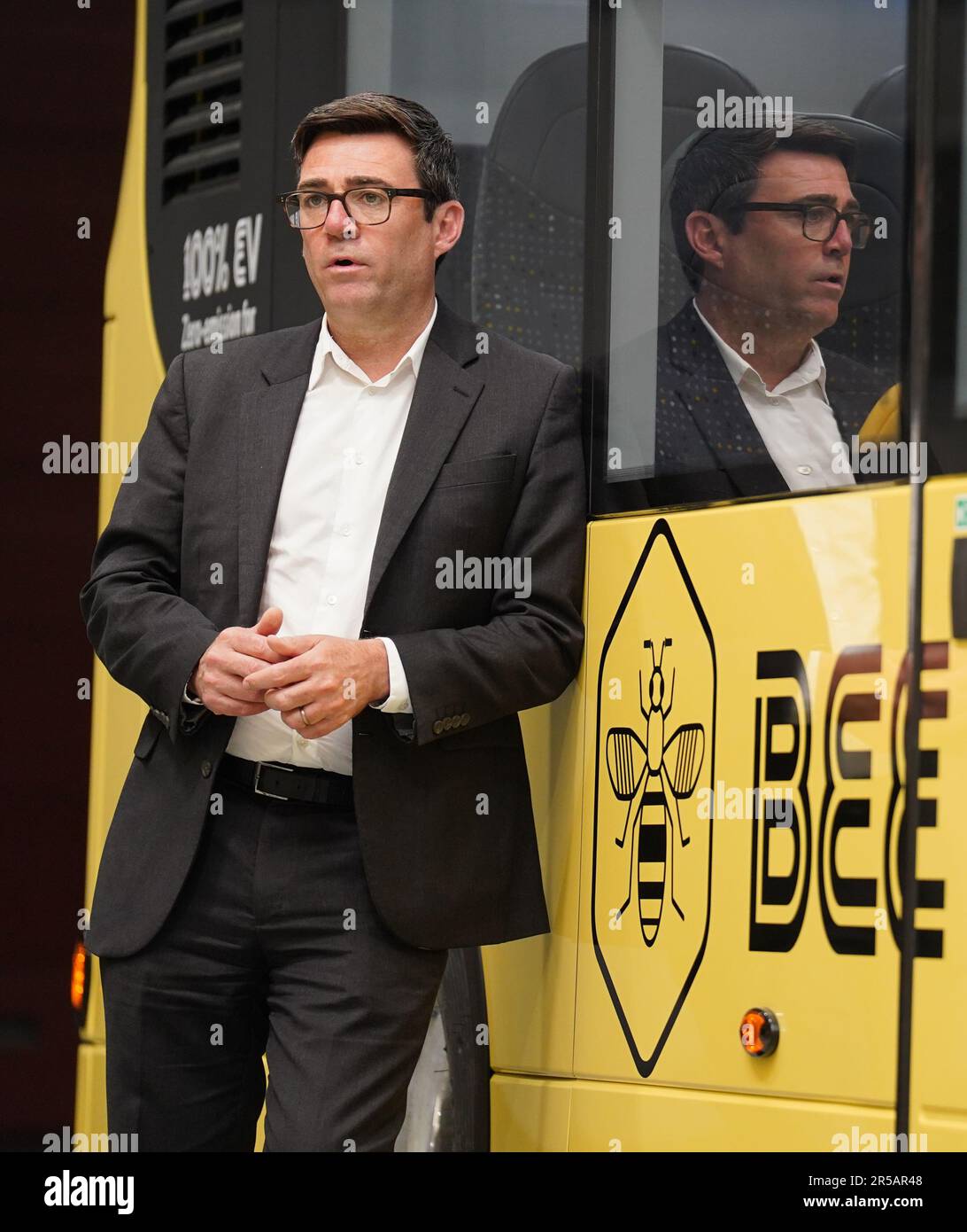 Greater Manchester mayor Andy Burnham views the 'Bee Network' buses at ...