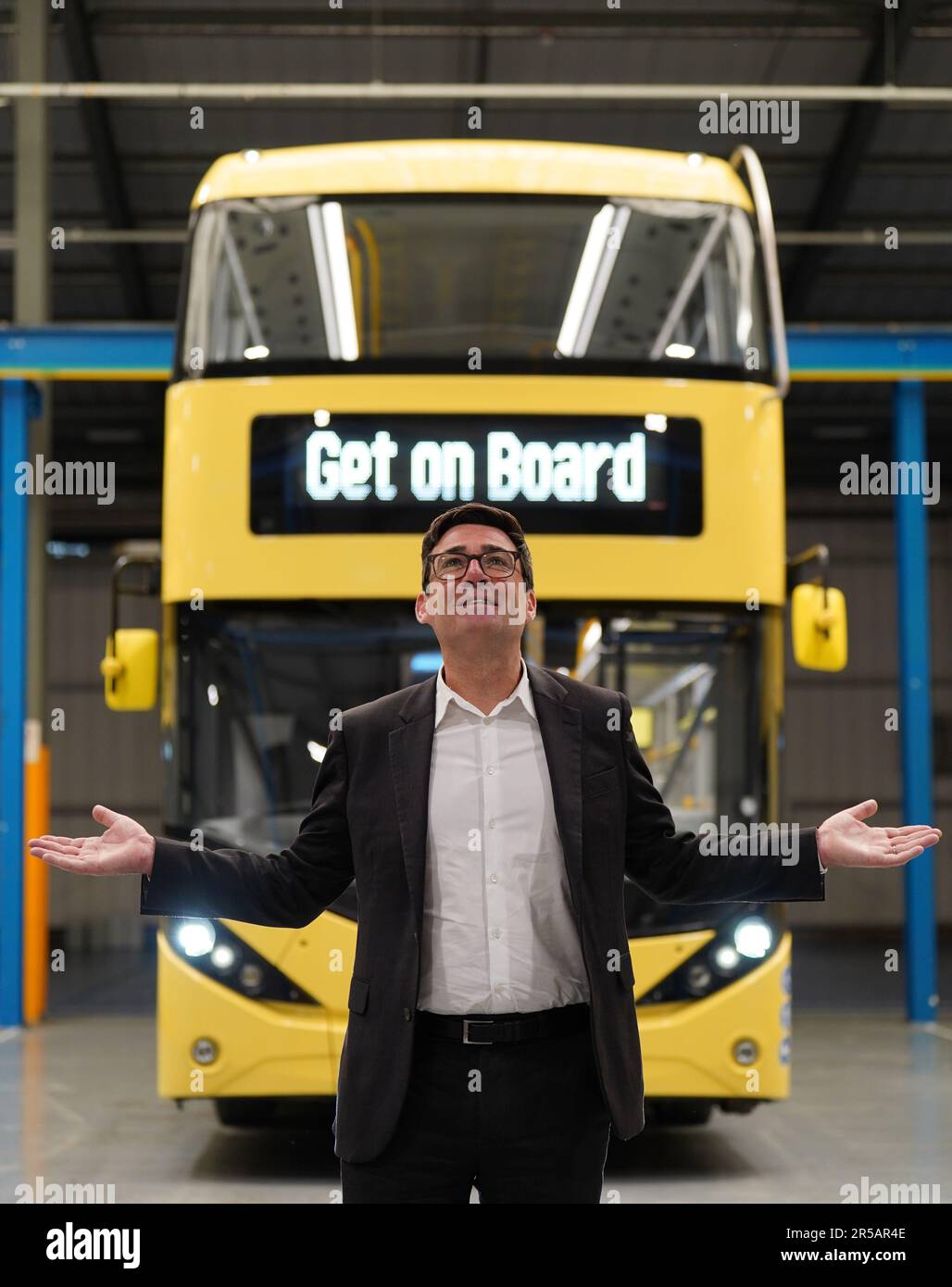 Greater Manchester mayor Andy Burnham views the 'Bee Network' buses at ...