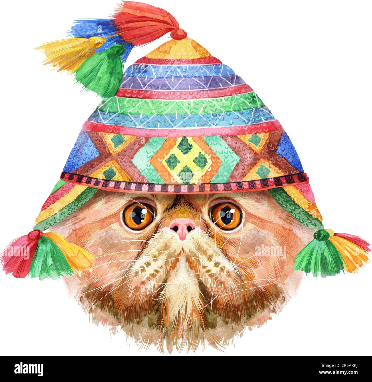 Cute cat in chullo hat. Cat for t-shirt graphics. Watercolor Exotic ...