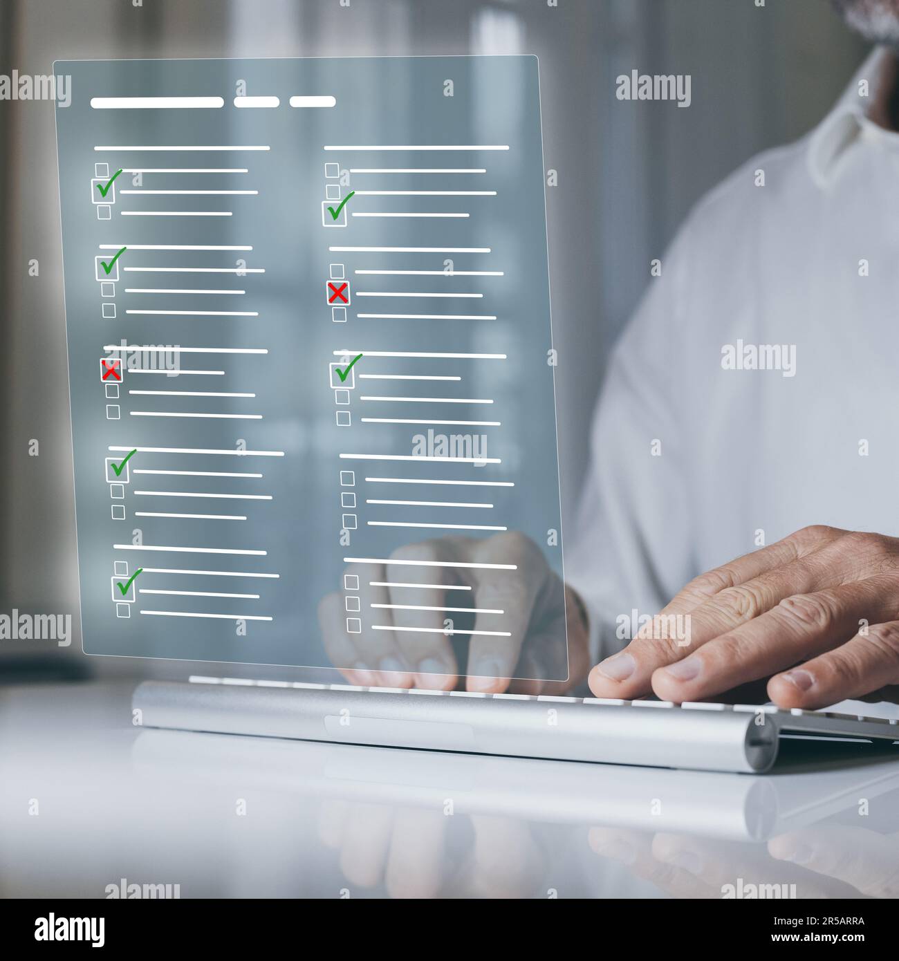 Man do online exam on virtual screen. Answer a survey filling out a ...