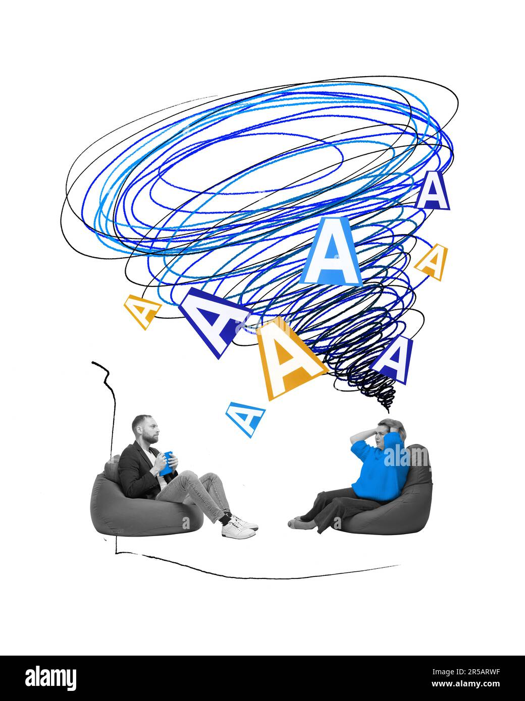 Tangled thoughts. Woman visiting psychotherapist for help. Endless flow ...