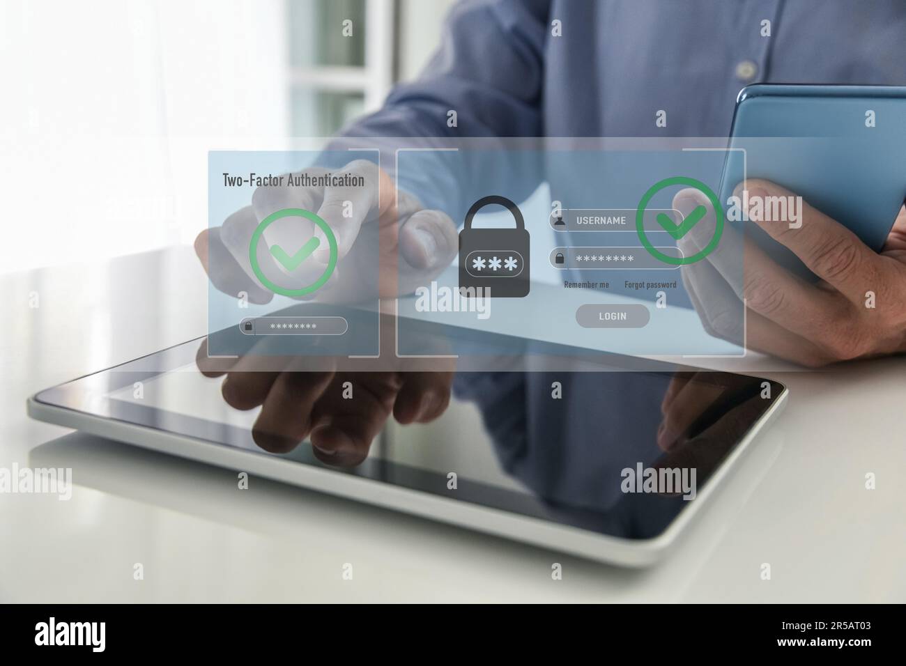 Two factor authentication. Ensure protection, identification concept. Security of online ...