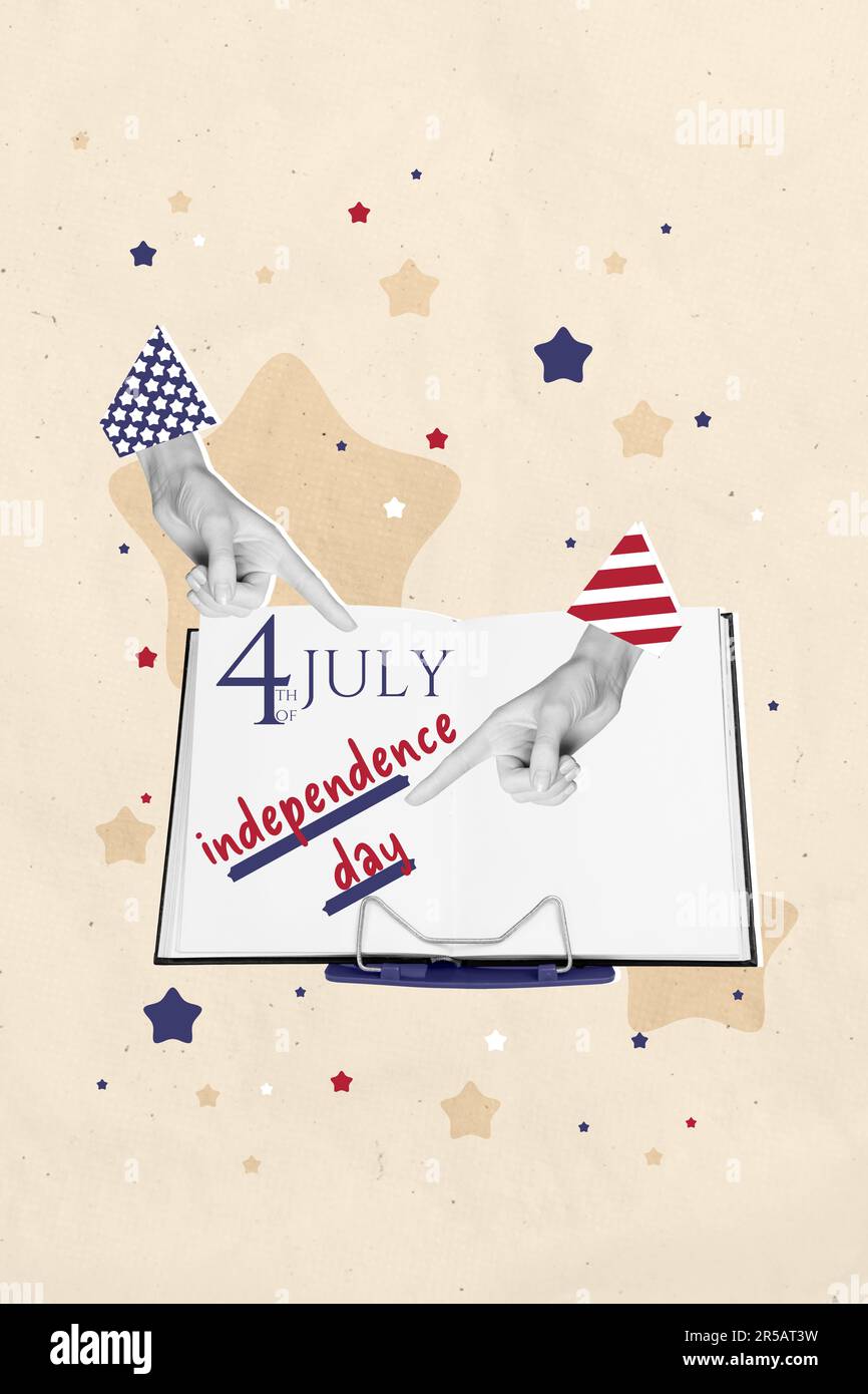 Vertical creative illustration photo collage of hands indicating to ...