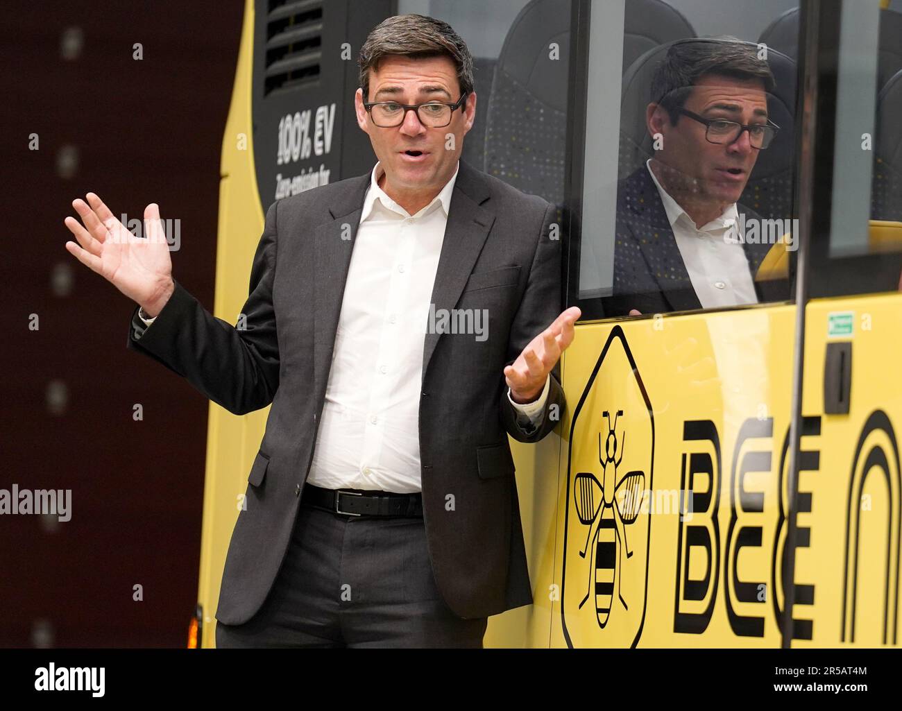 Greater Manchester mayor Andy Burnham views the 'Bee Network' buses at ...