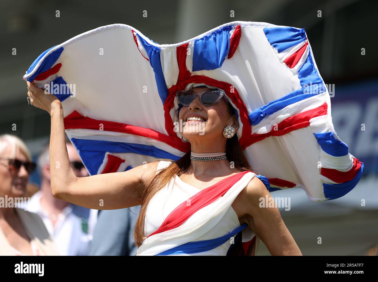 Race goer Tracy Rose poses for a photo during ladies day of the 2023 Derby Festival at Epsom ...