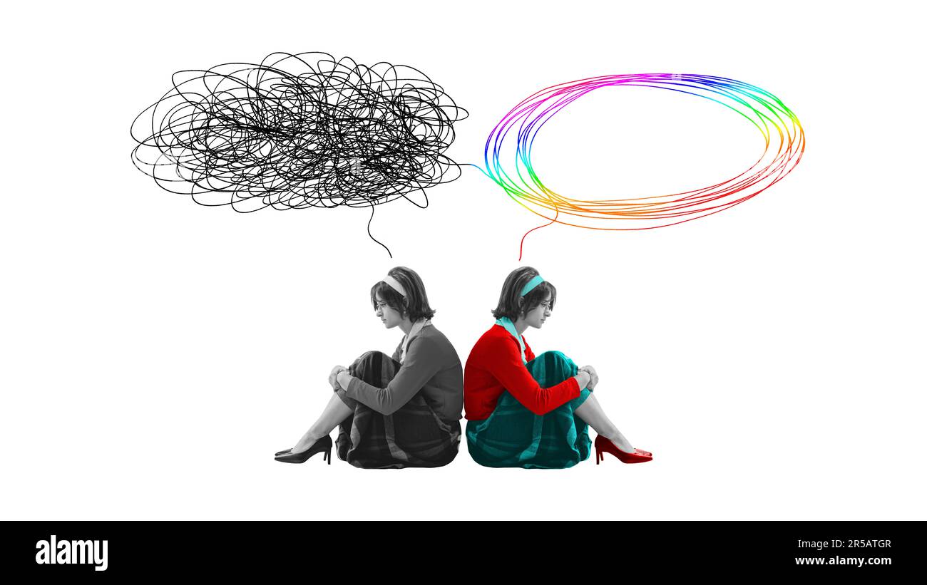 Before and after therapy. Young woman with obsessive, tangled thoughts ...