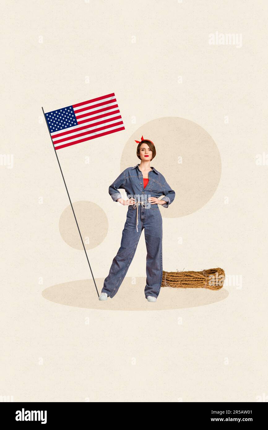 Vertical collage image of confident girl stand near american national ...