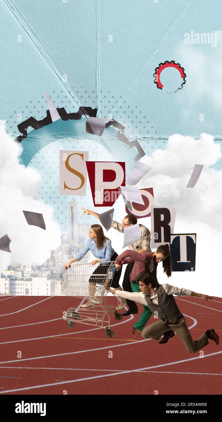 Contemporary art collage with office workers, employees racing at start ...