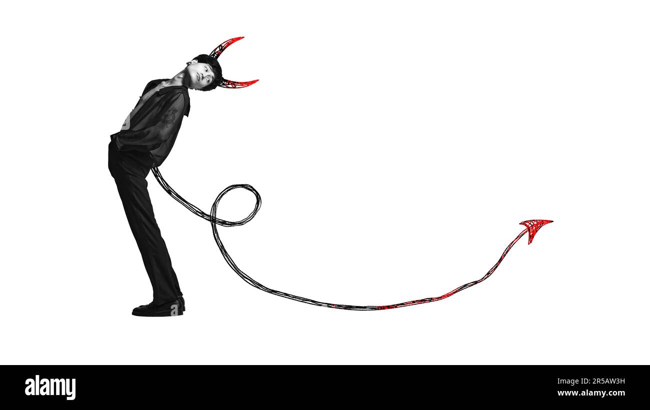 Hidden self. Young man in image of devil. Following emotions, dark side ...