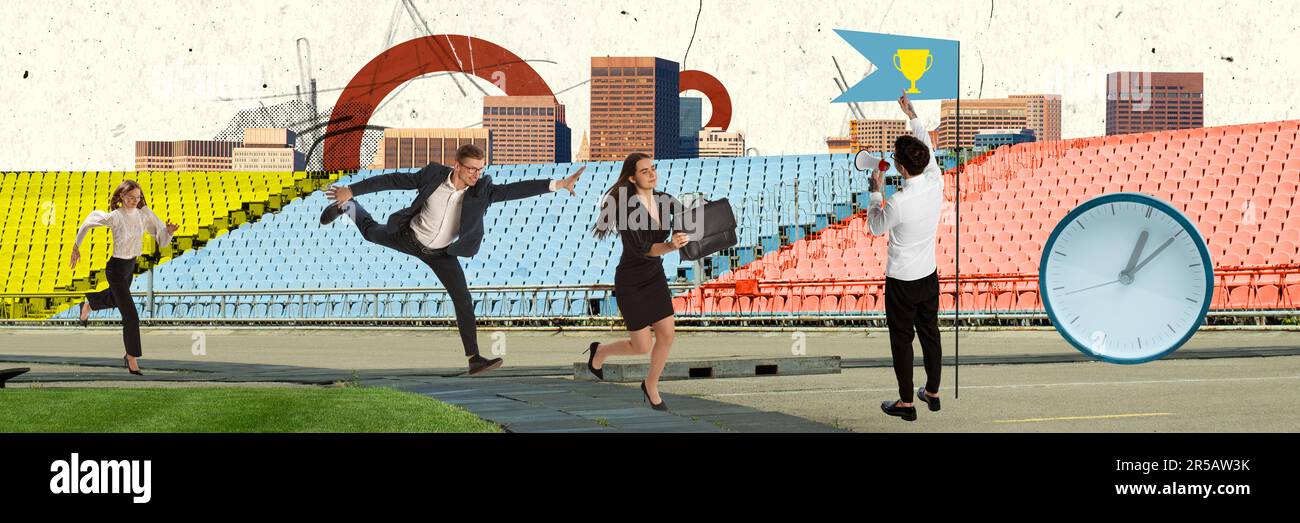 Contemporary art collage with workers, employees racing at finish point ...