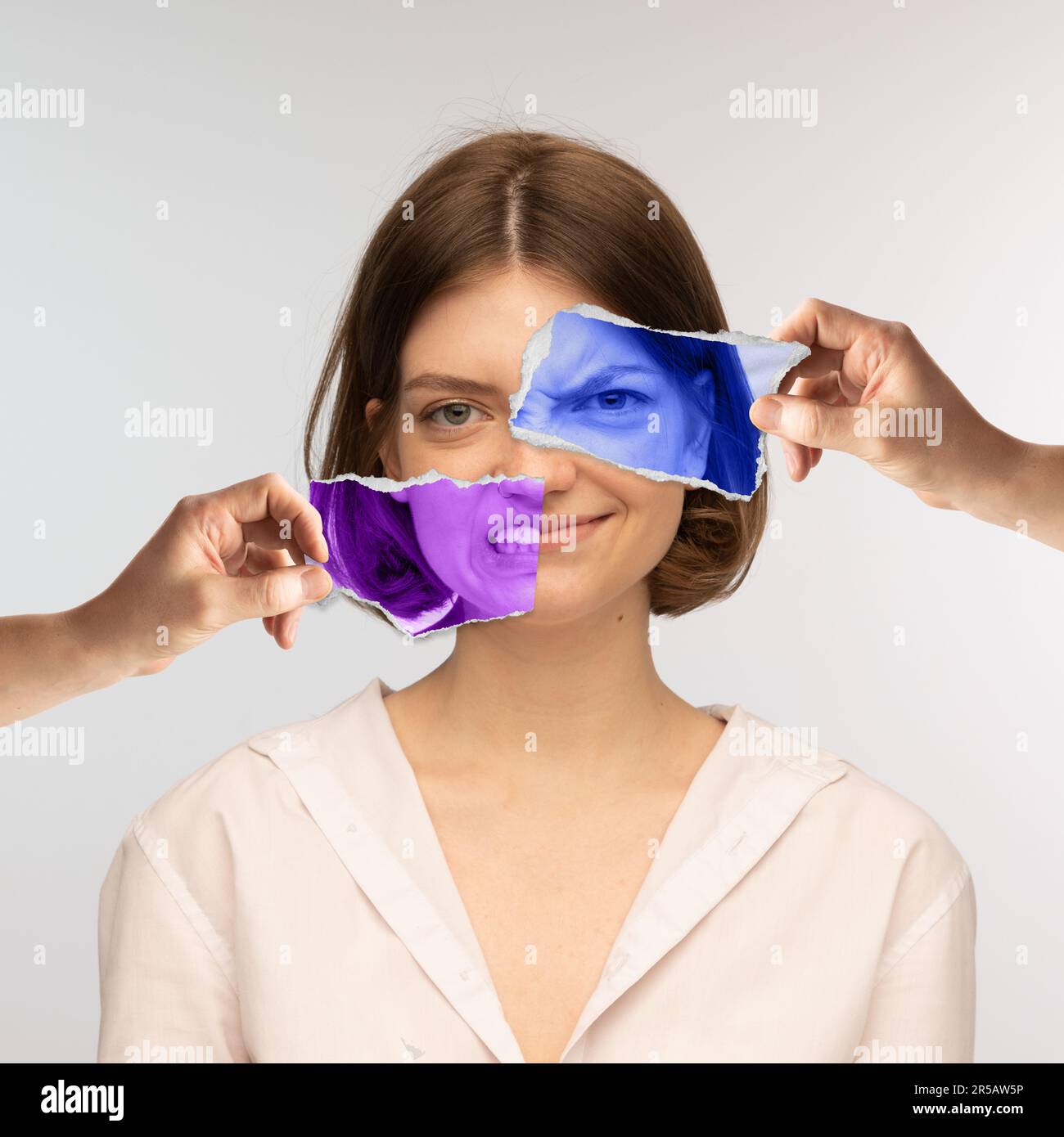 Hidden feelings. Human hand holding photos with face parts of beautiful ...