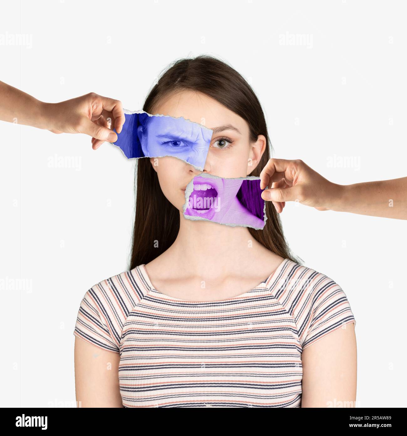 Human hands holding photo face parts with different facial expressions ...