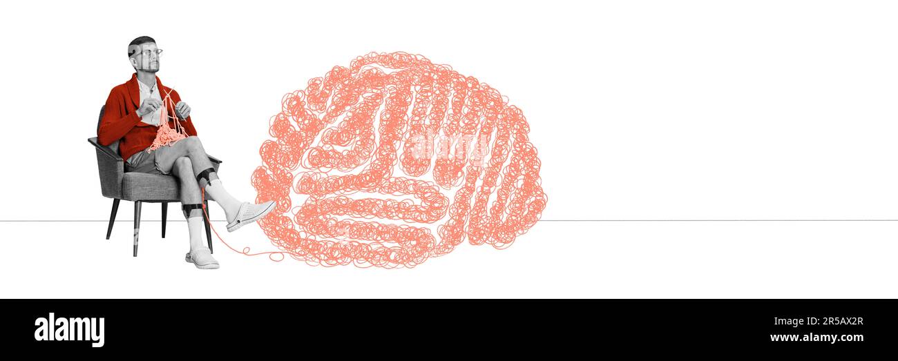 Young man knitting brain, symbolizing self-analysing. Growing ...