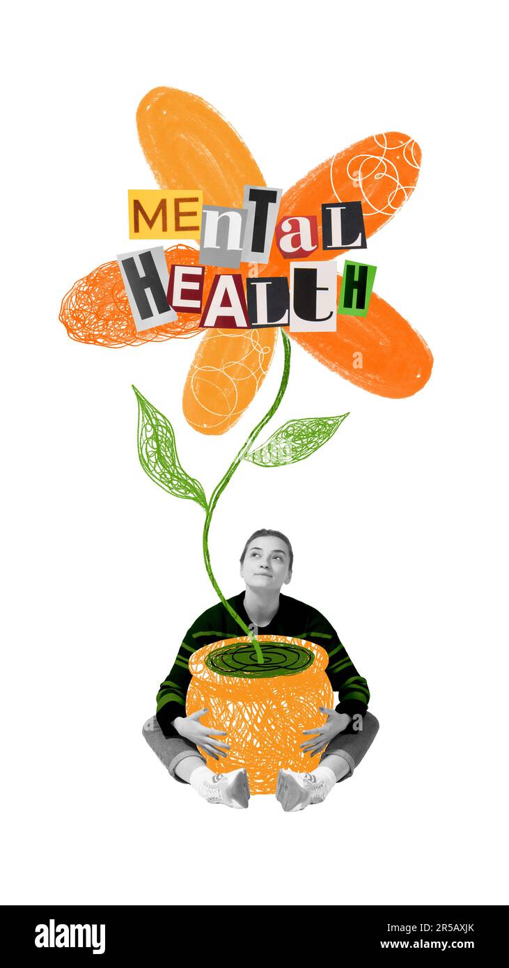 Happy relaxed girl sitting and hugging plant, growing psychologically ...