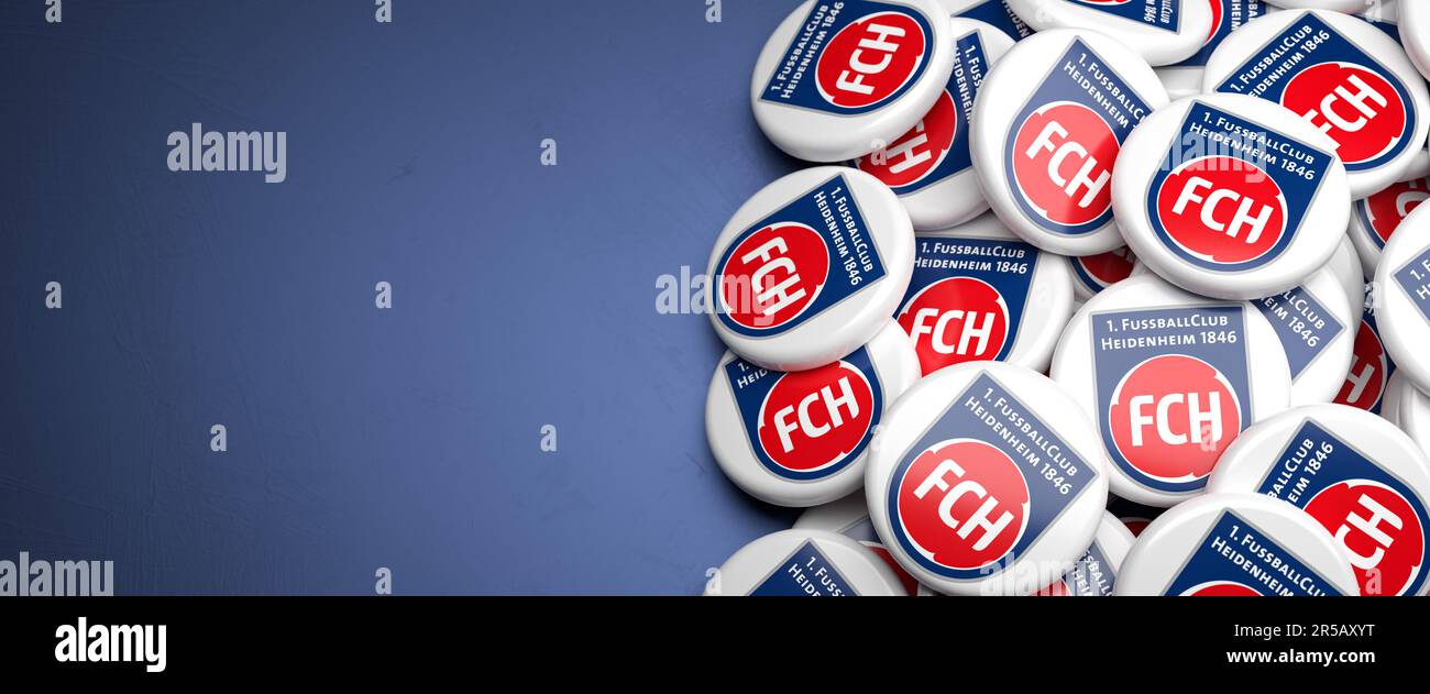 Logos of the German Soccer Club 1. FC Heidenheim 1846 on a heap on a ...