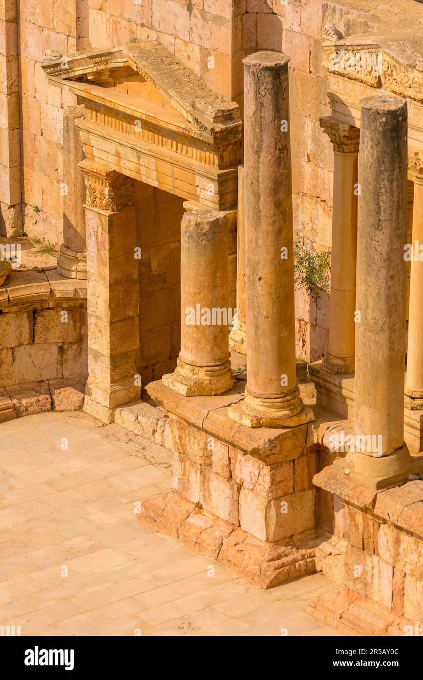 Jerash, Jordan close-up details of Roman amphitheater South Theatre in ...