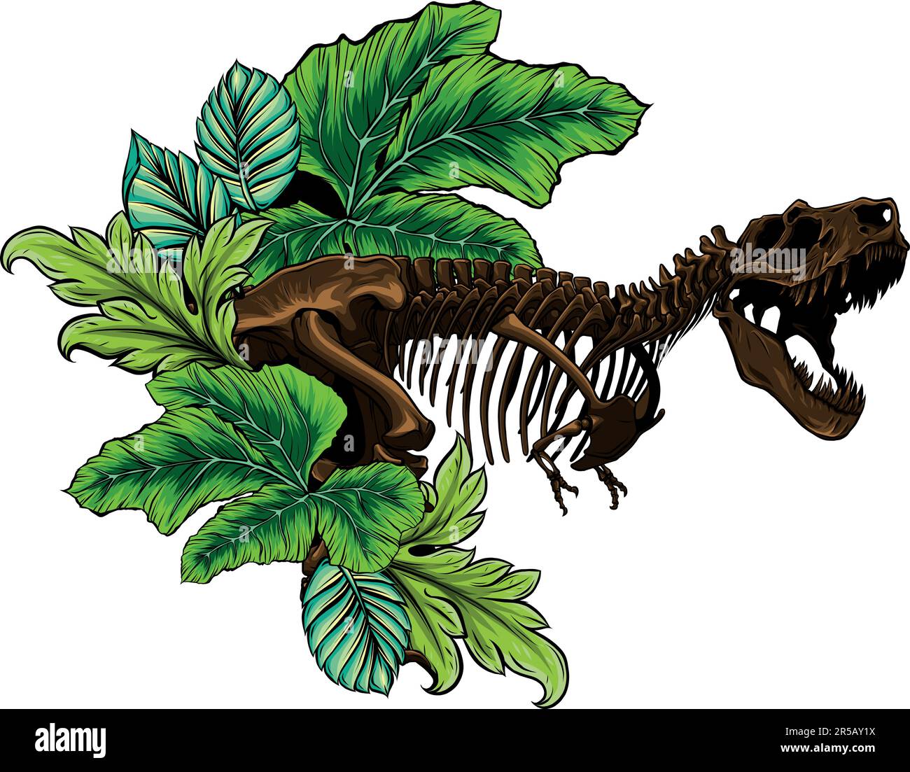 illustration of Tyrannosaurus Rex dinosaur skeleton with leaves Stock Vector Image & Art - Alamy