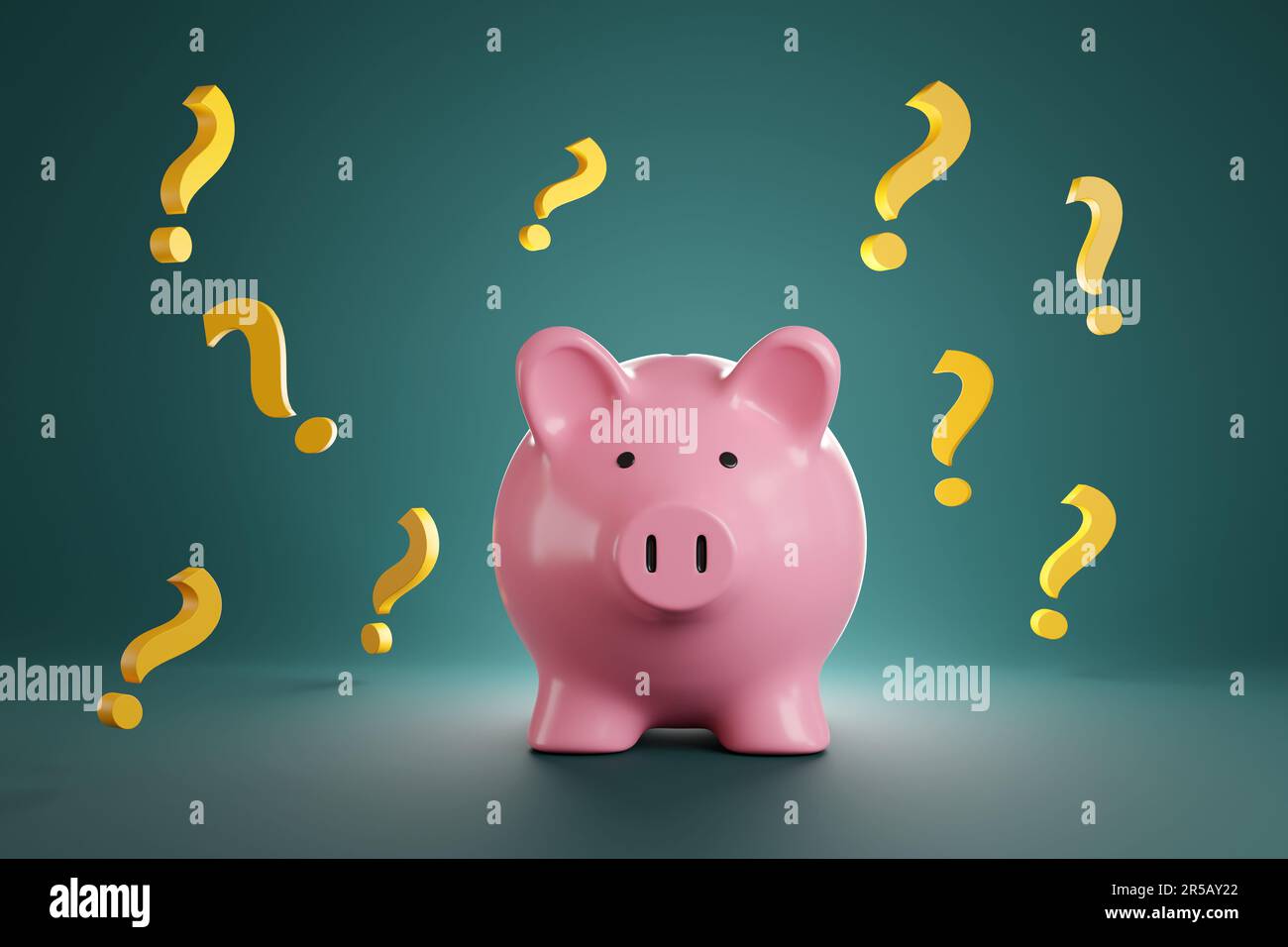 Pink piggy bank surrounded by many yellow question marks on green ...