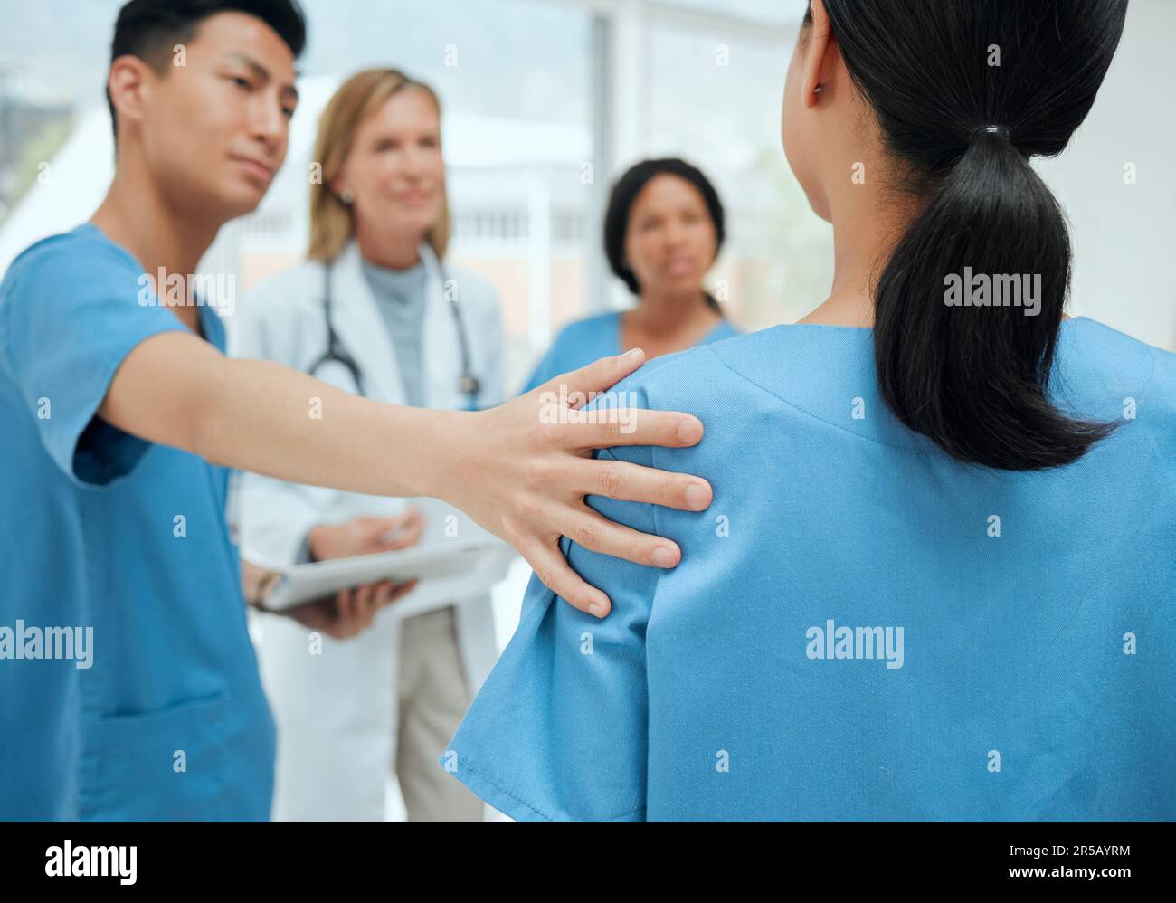 Teamwork, support or doctors with empathy in meeting comforting a ...