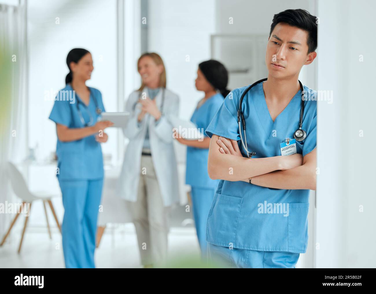 Thinking, stress or sad nurse in hospital meeting with burnout, anxiety ...