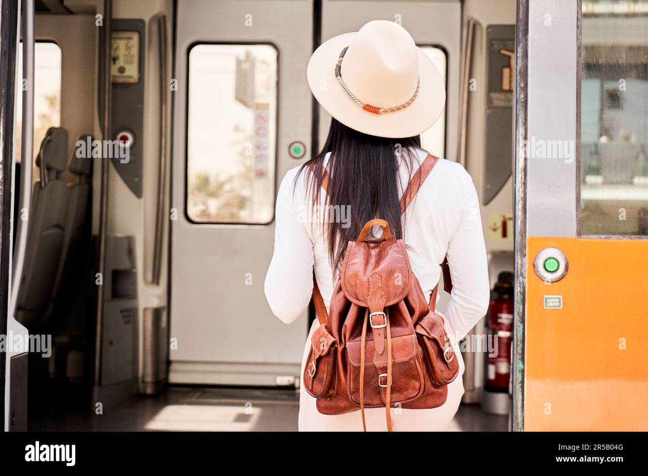 Rear view of an unrecognizable traveler woman getting in a train to hop ...