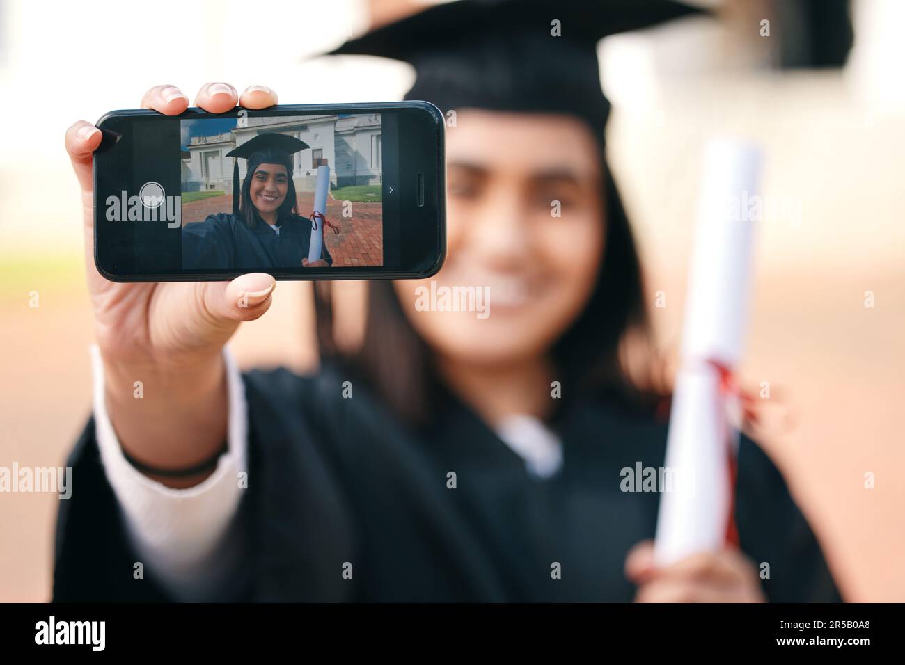 Selfie, certificate and woman with phone in graduation event due to ...