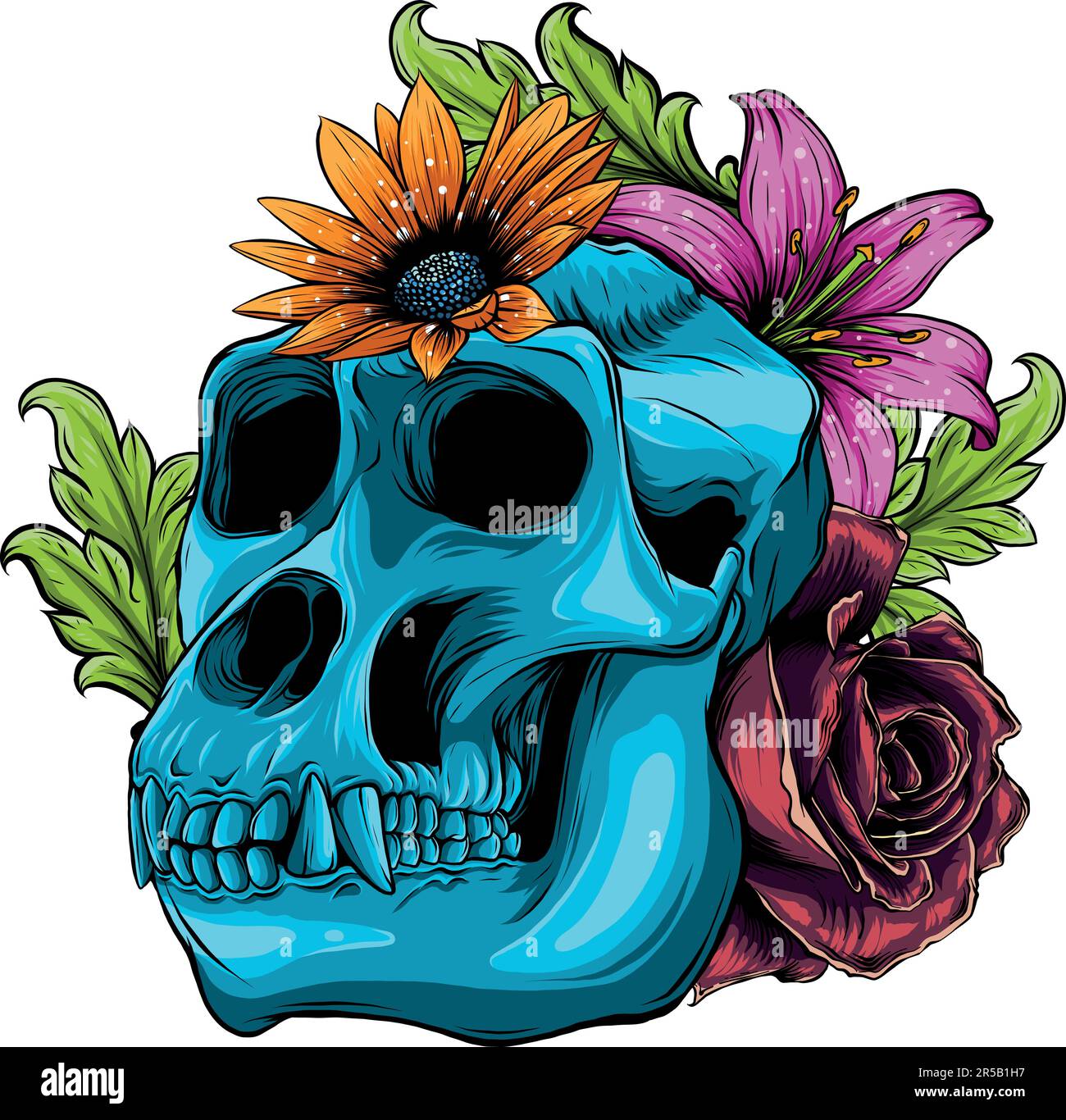 vector illustration of monkey skull with flower Stock Vector Image ...