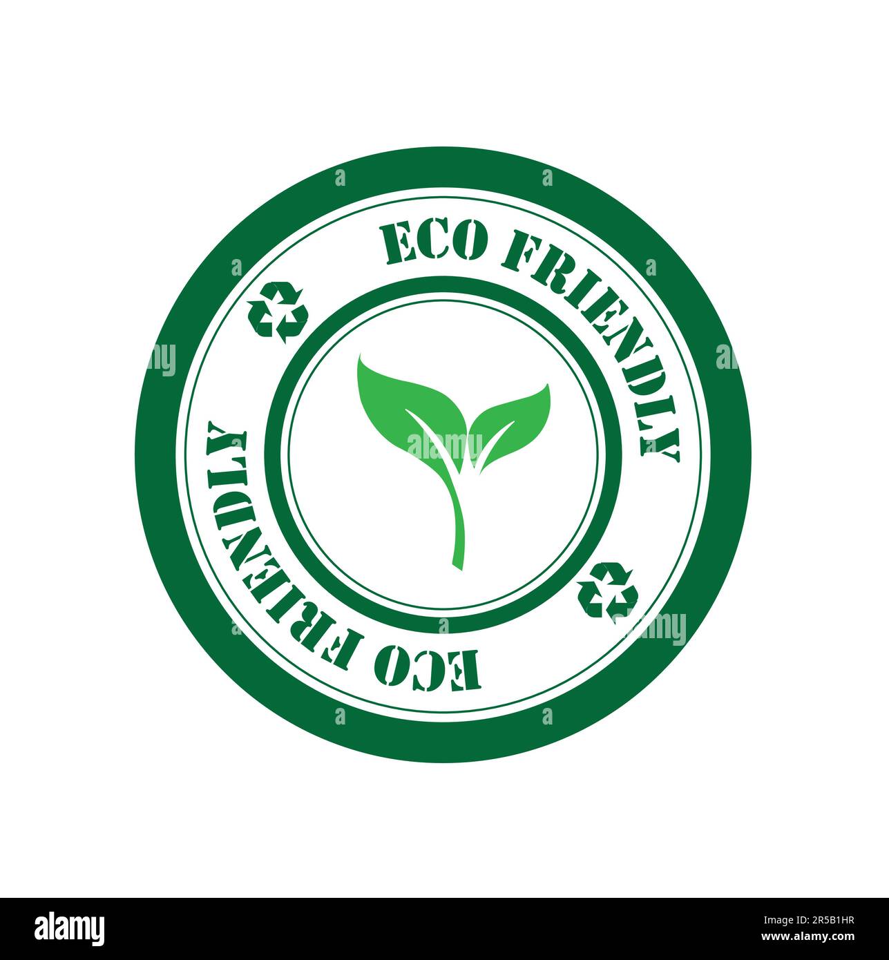 Green eco friendly stamp with leaves and recycle sign on a white ...