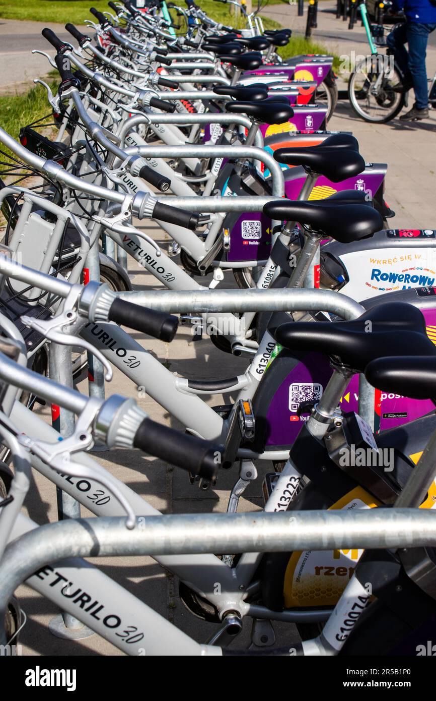 Warsaw, Poland - May 28, 2023 Accessible bicycles to hire for short ...
