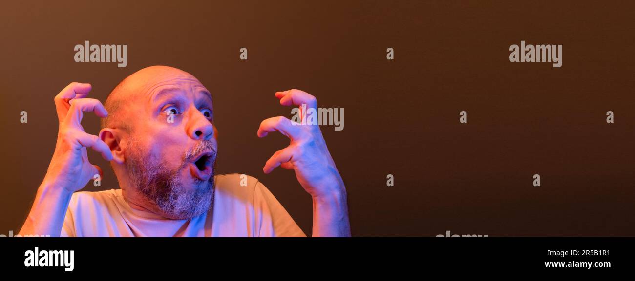 Happy Bald Bearded Man Making Funny Hand Gestures Concept Of Strength