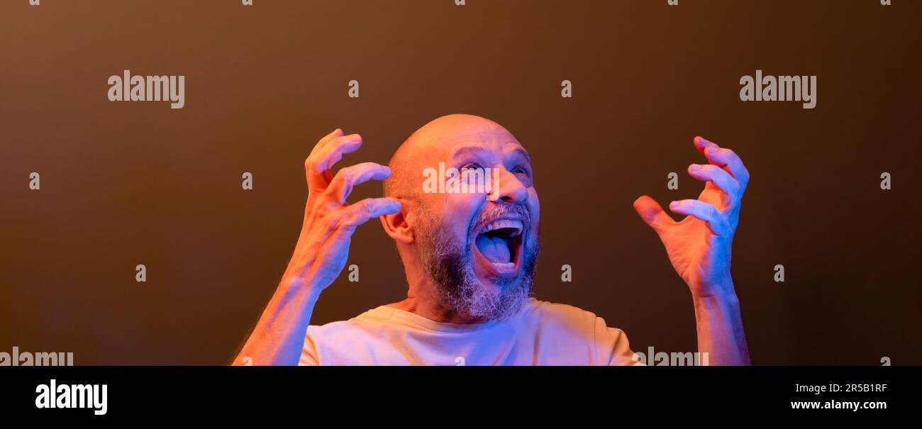 Happy Bald Bearded Man Making Funny Hand Gestures Concept Of Strength