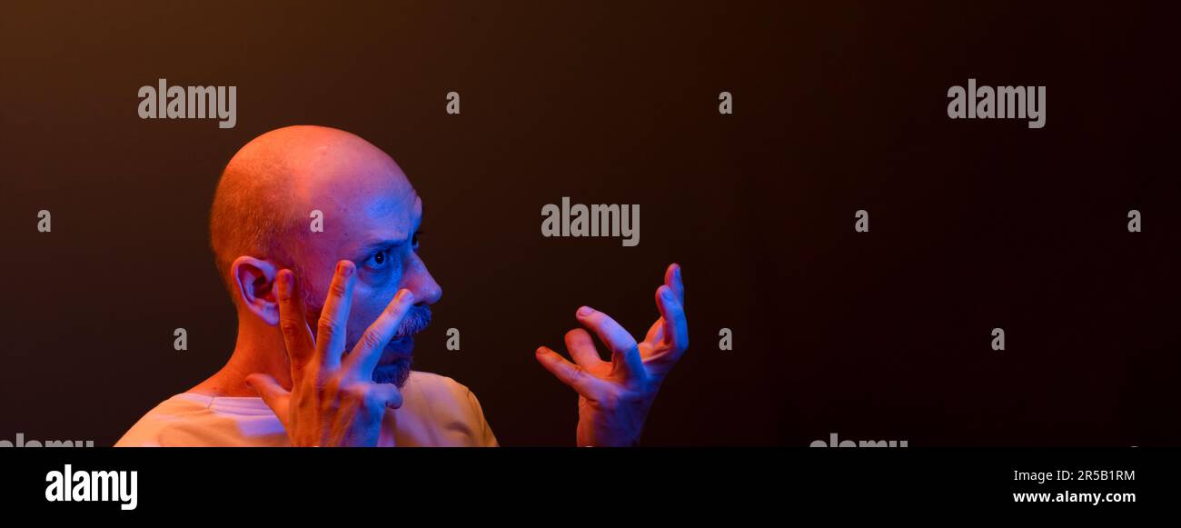 Happy Bald Bearded Man Making Funny Hand Gestures Concept Of Strength