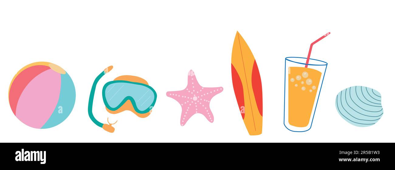 Summer banner with colored beach stuff on a white background with copy ...