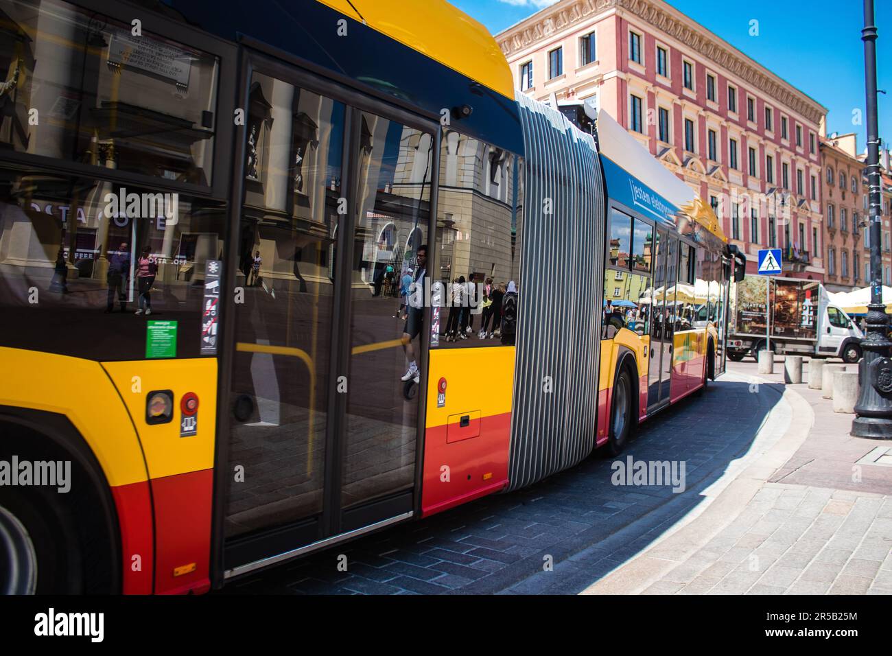 Warsaw, Poland - May 28, 2023 Bus driving in the streets of Warsaw and ...