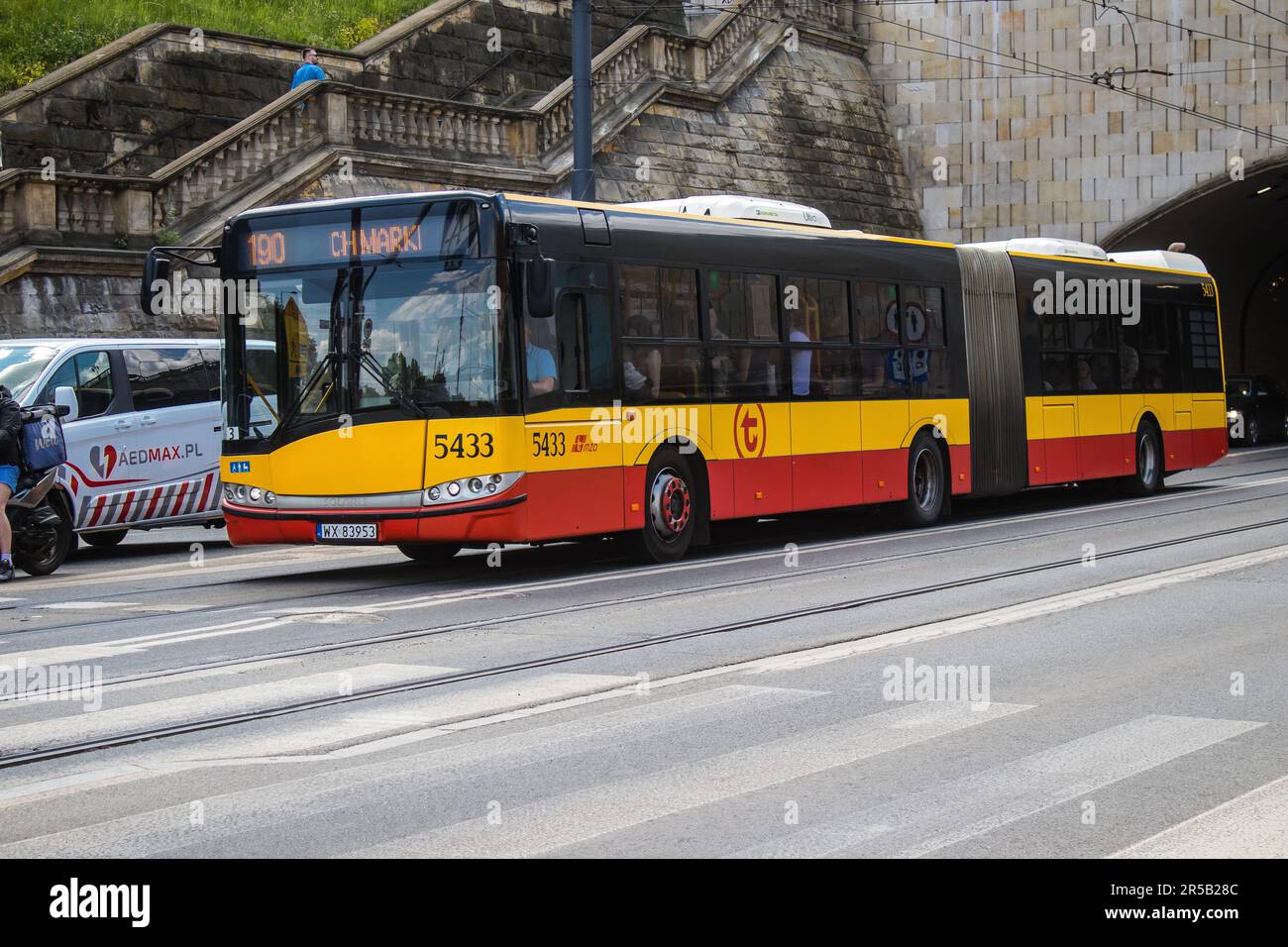 Warsaw, Poland - May 28, 2023 Bus driving in the streets of Warsaw and ...