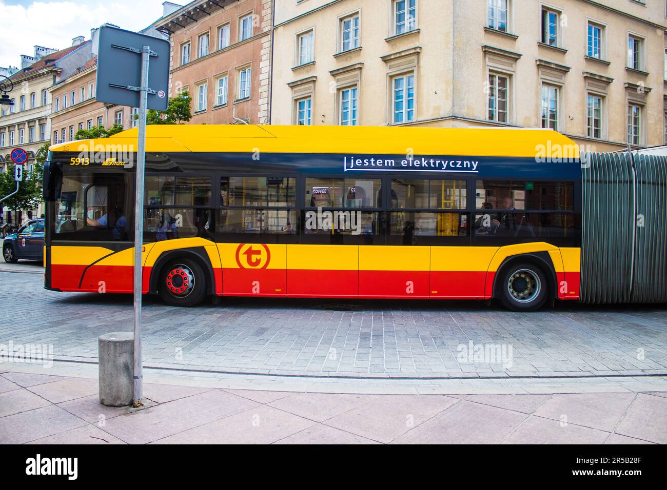 Warsaw, Poland - May 28, 2023 Bus driving in the streets of Warsaw and ...