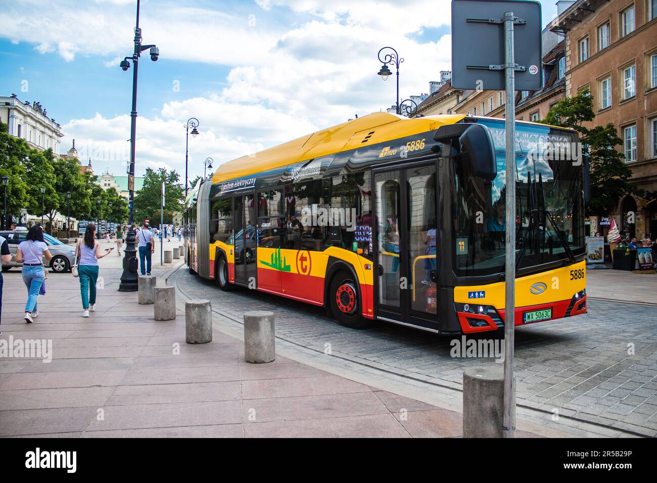 Warsaw, Poland - May 28, 2023 Bus driving in the streets of Warsaw and ...