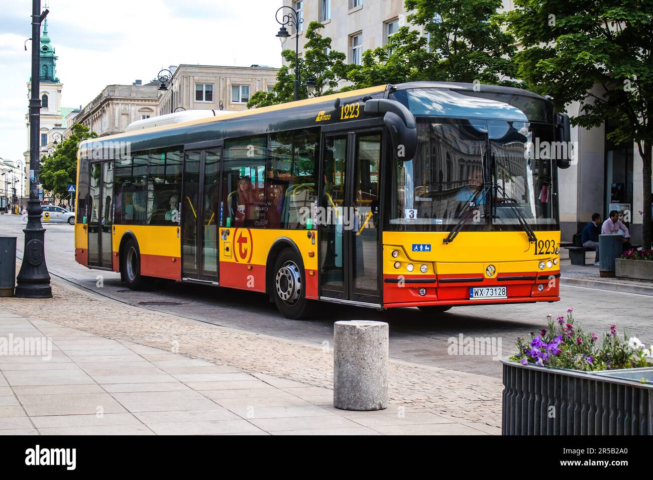 Warsaw, Poland - May 28, 2023 Bus driving in the streets of Warsaw and ...