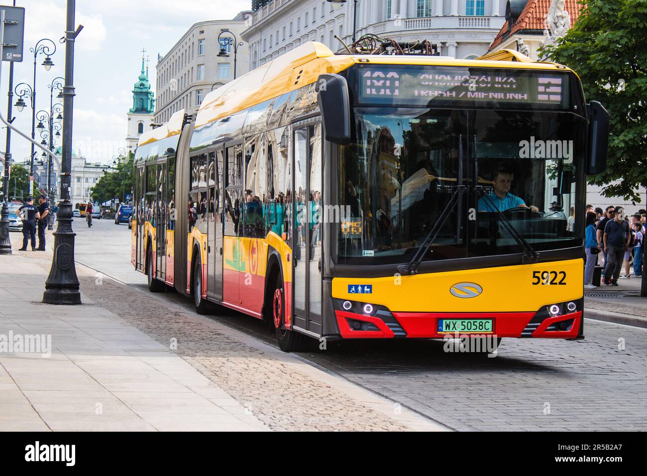 Warsaw, Poland - May 28, 2023 Bus driving in the streets of Warsaw and ...