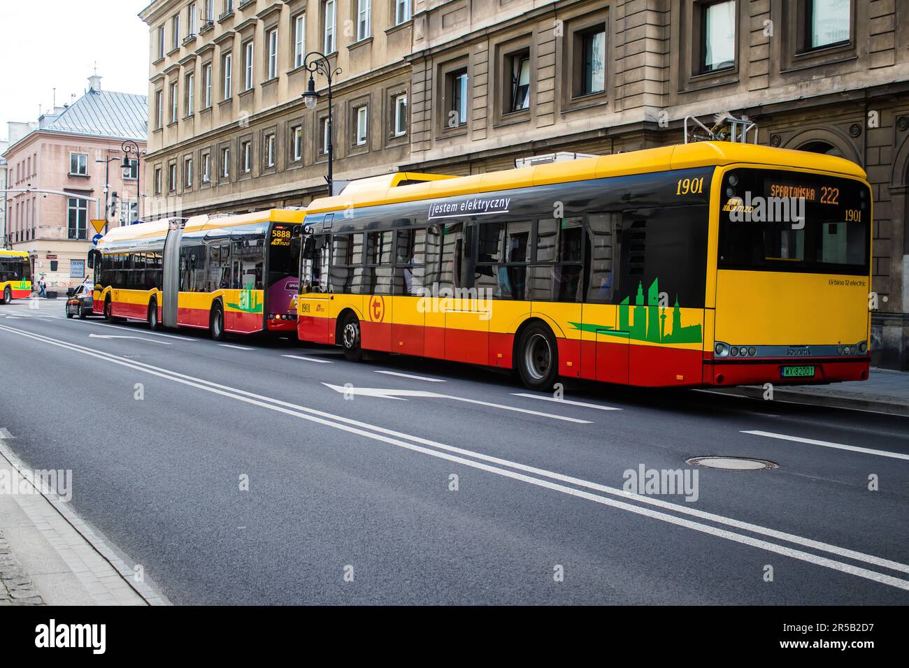 Warsaw, Poland - May 28, 2023 Bus driving in the streets of Warsaw and ...