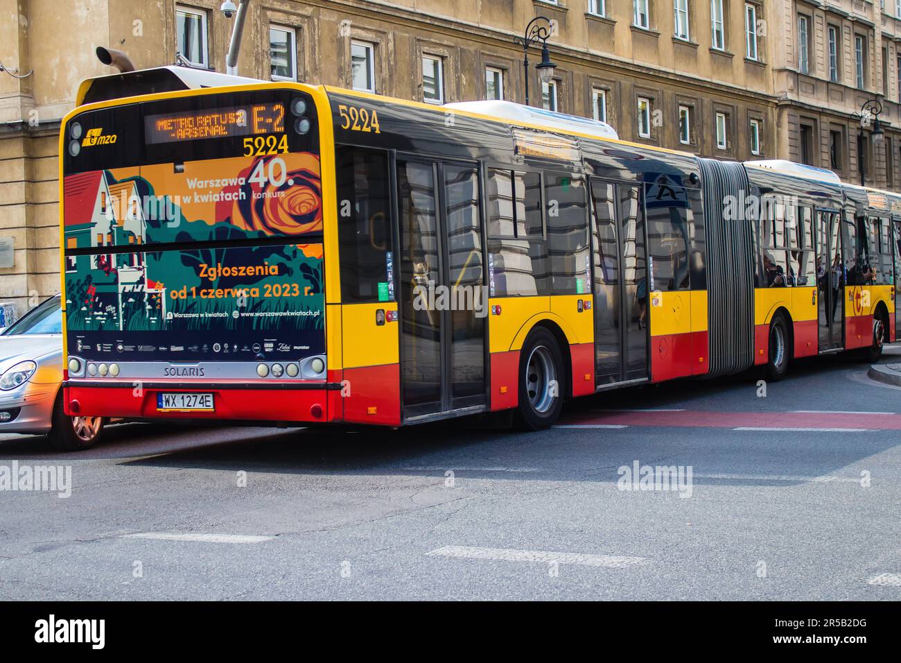 Warsaw, Poland - May 28, 2023 Bus driving in the streets of Warsaw and ...