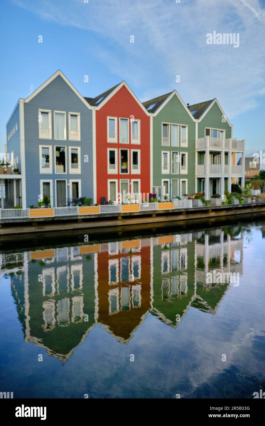 Row of colourful wooden newly built Dutch houses surrounded by water of ...